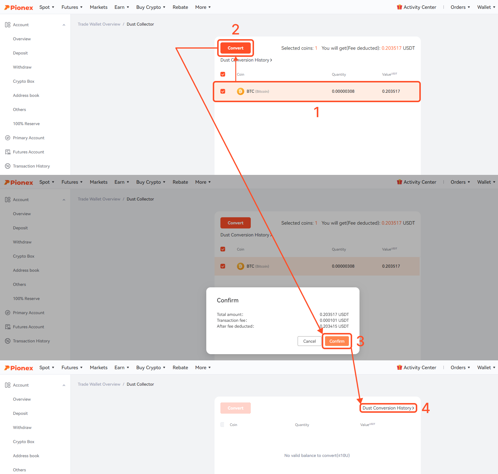 How to Convert the Small Assets to USDT – Pionex Help Center